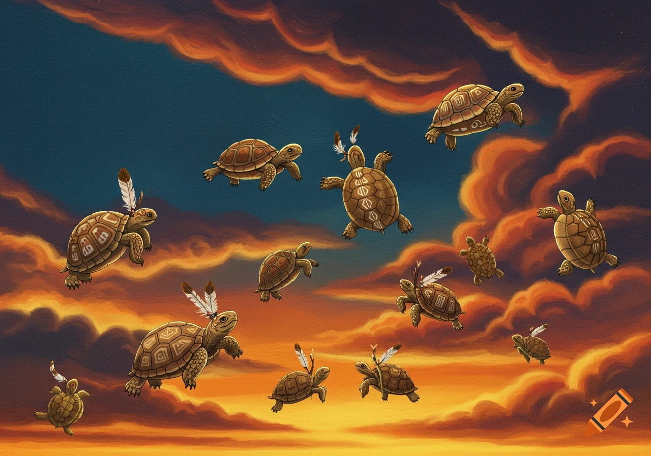 Illustration of tortoises with feathers falling through a vibrant ...