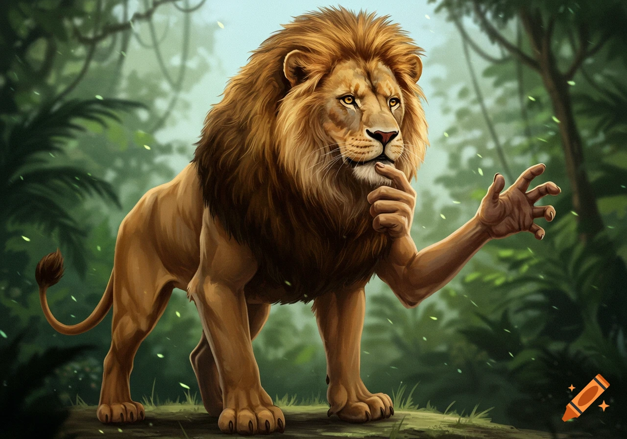 Fantasy illustration of a lion with human arms standing in a jungle on ...