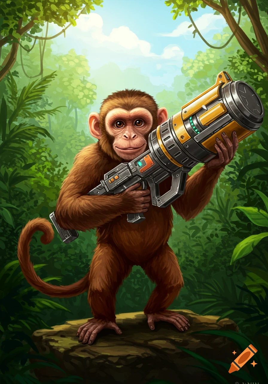 A cartoon monkey stands in a jungle holding a large futuristic RPG ...