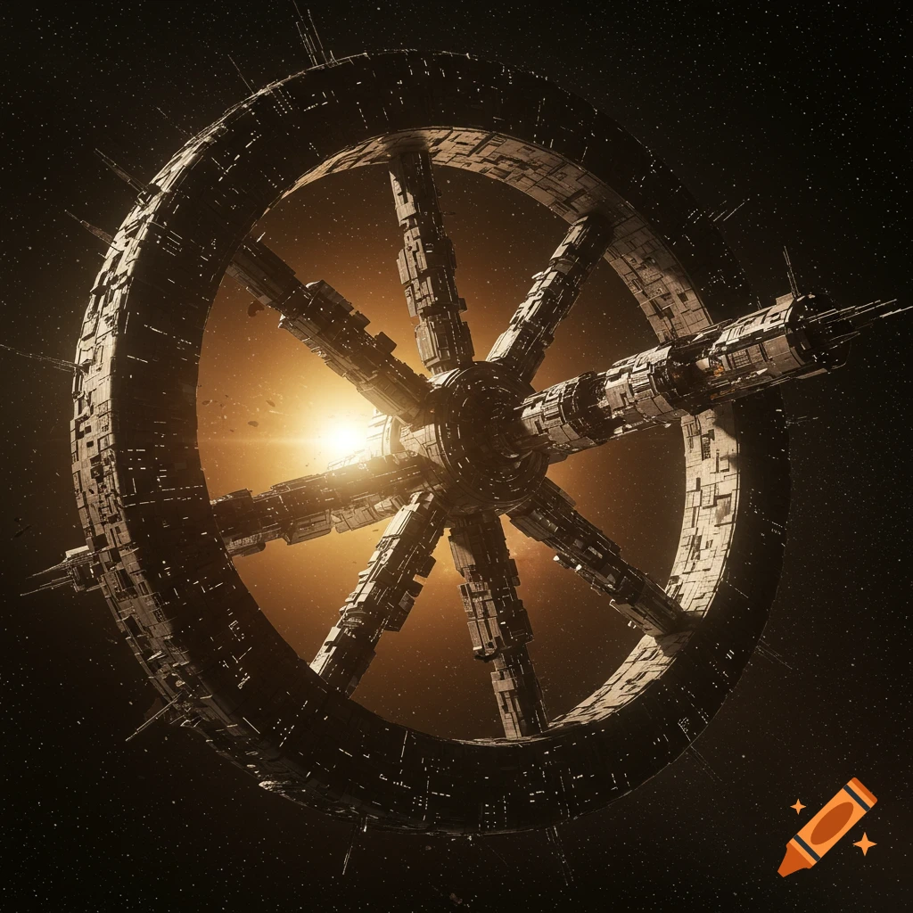 A detailed, complex circular space station orbits in space with a ...