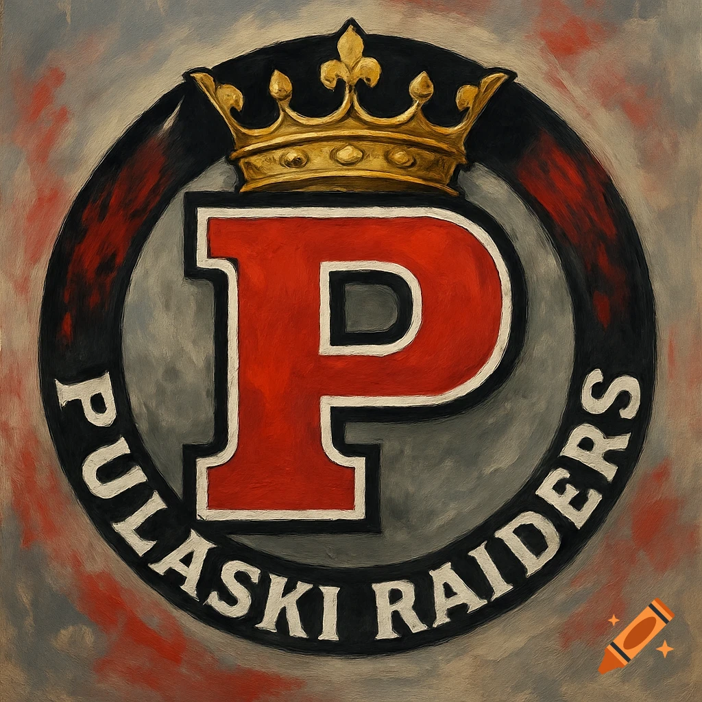 An oil painting of a black, red, and grey circular logo with a large ...