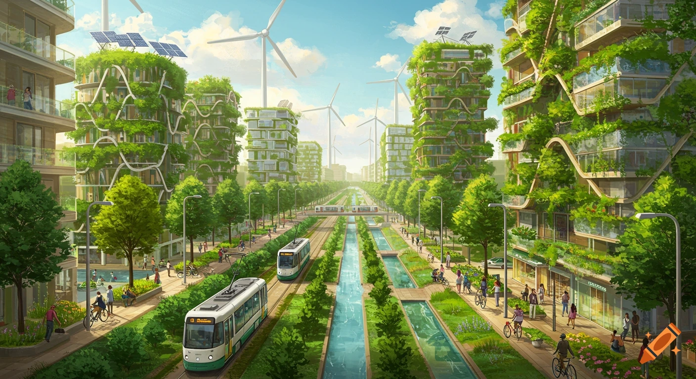 Sustainable futuristic city with green buildings, trams, bikes ...