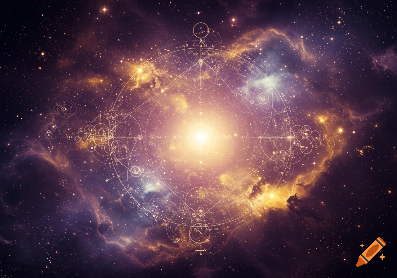 A complex geometric and symbolic design overlaid on a vibrant nebula ...