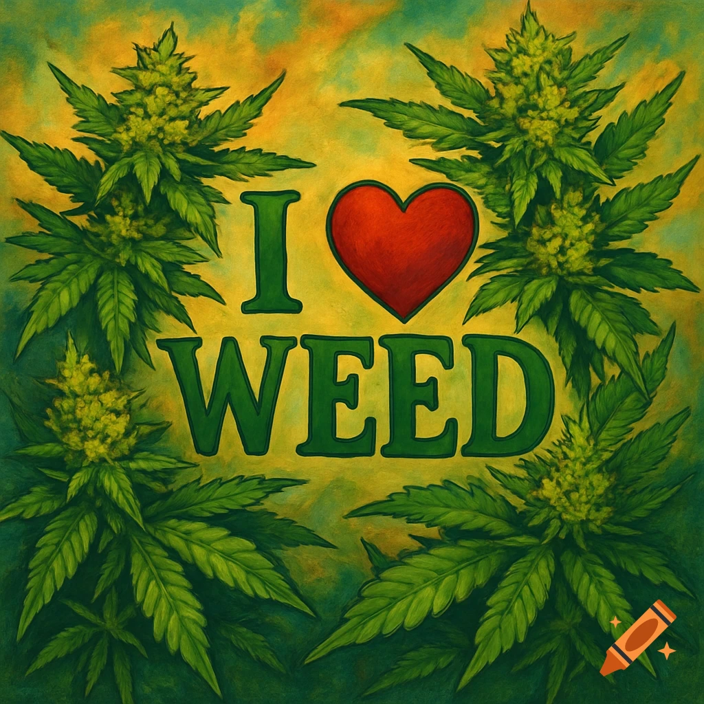 Painting of marijuana plants surrounding text 'I ️ WEED'. on Craiyon