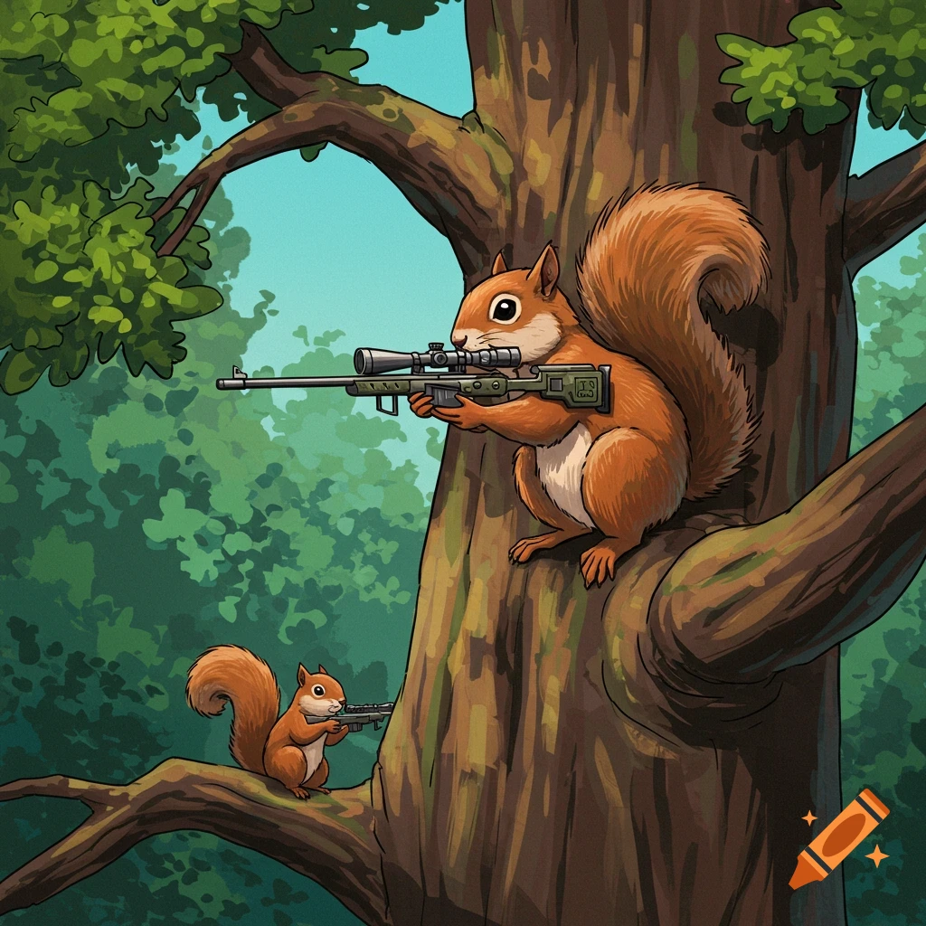 A large cartoon squirrel aims a sniper rifle in a tree as a smaller ...