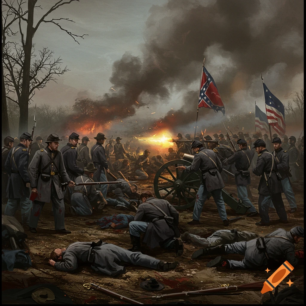 Painting of a Civil War battle with soldiers, cannon fire, and fallen ...