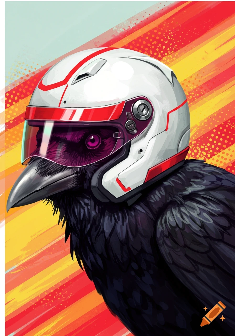 Illustration of a crow wearing a white racing helmet with red accents ...