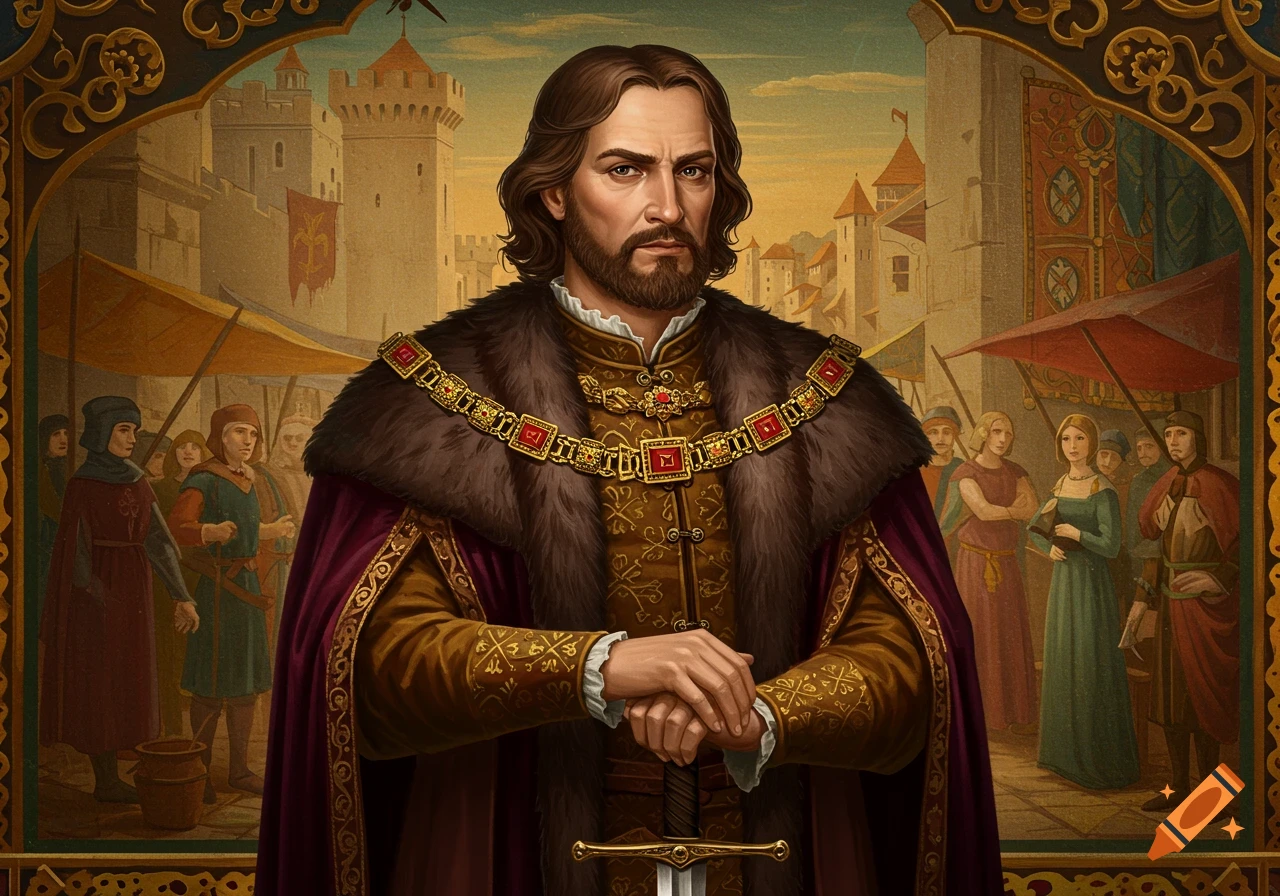 Portrait of a medieval duke in a fresco style, standing before a town ...