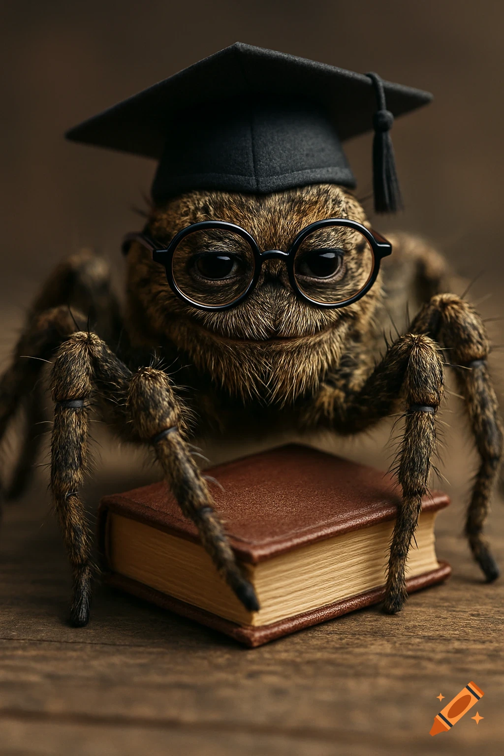 Photorealistic spider in graduation cap and glasses with a book on Craiyon