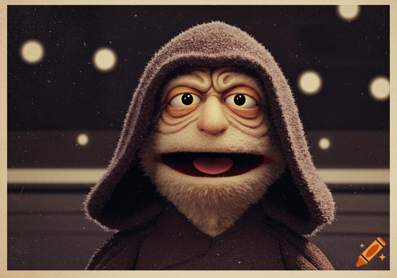 Close-up of a fuzzy puppet character in a hooded robe, styled like an ...