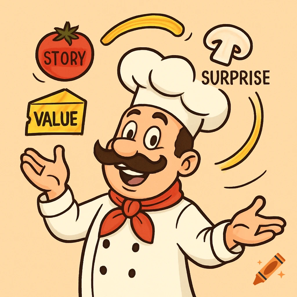 Cartoon illustration of a chef juggling ingredients labelled Story ...