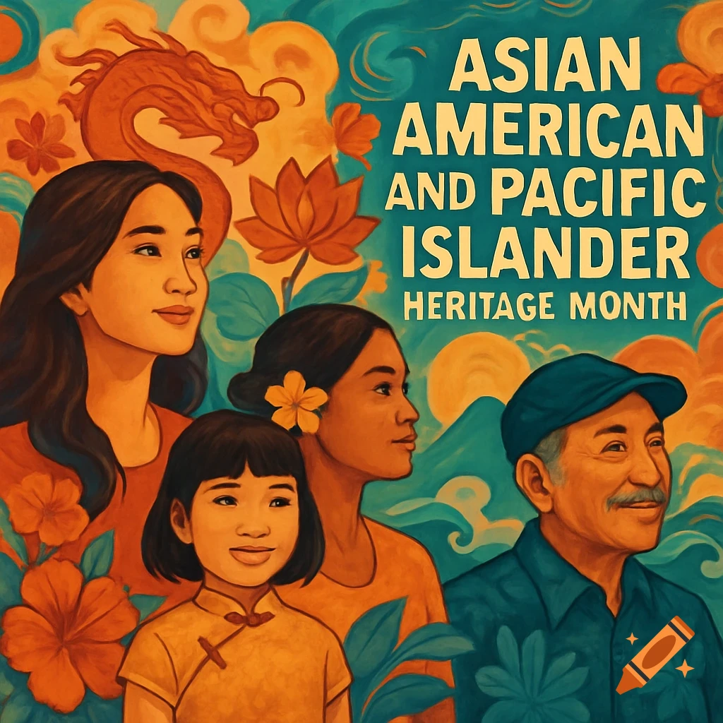 Illustration of Asian American and Pacific Islander people with a ...