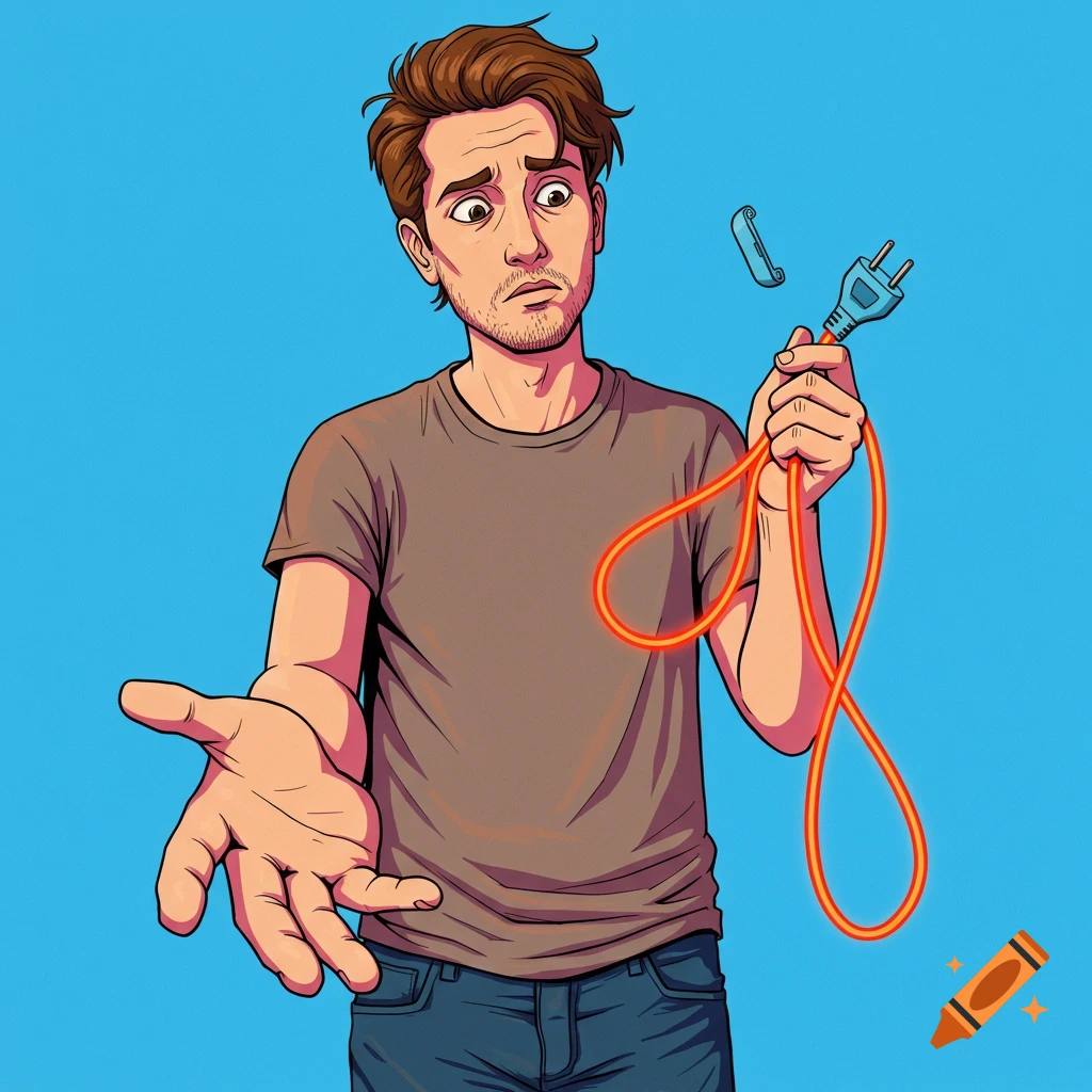 Illustration of a man holding a power cord and plug, looking worried ...