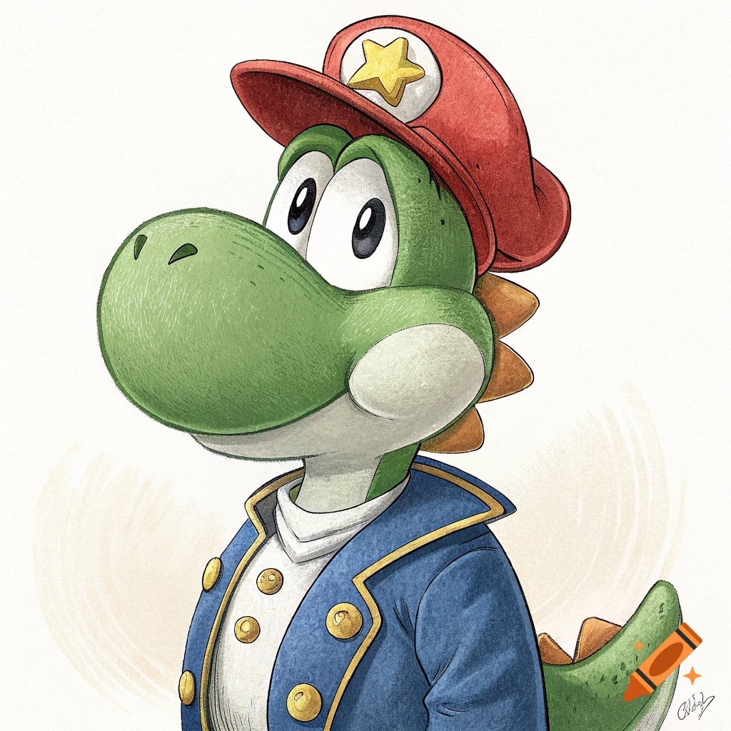 Illustration of Yoshi from Mario wearing a blue captain's suit and red ...