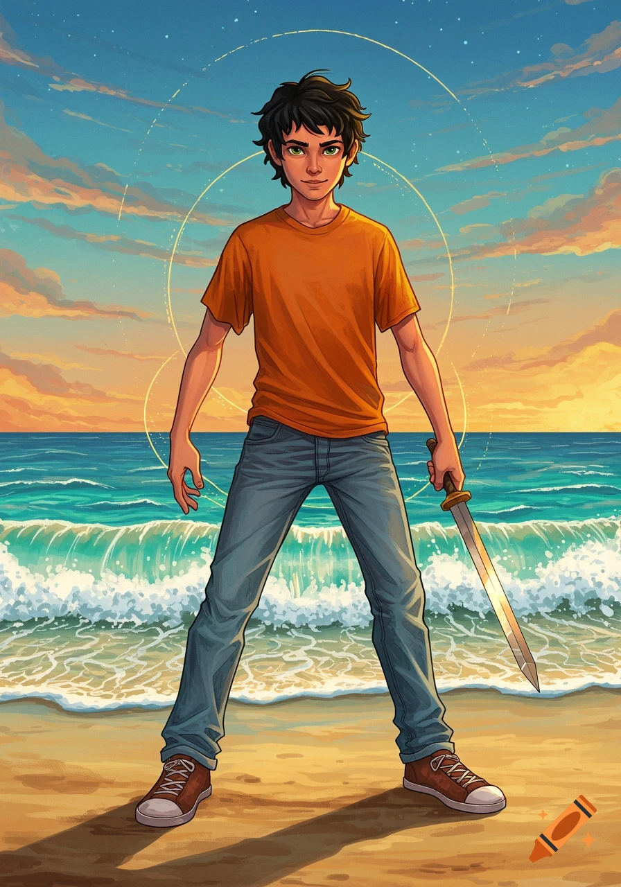 Illustration of a young man, likely Percy Jackson, on a beach at sunset ...