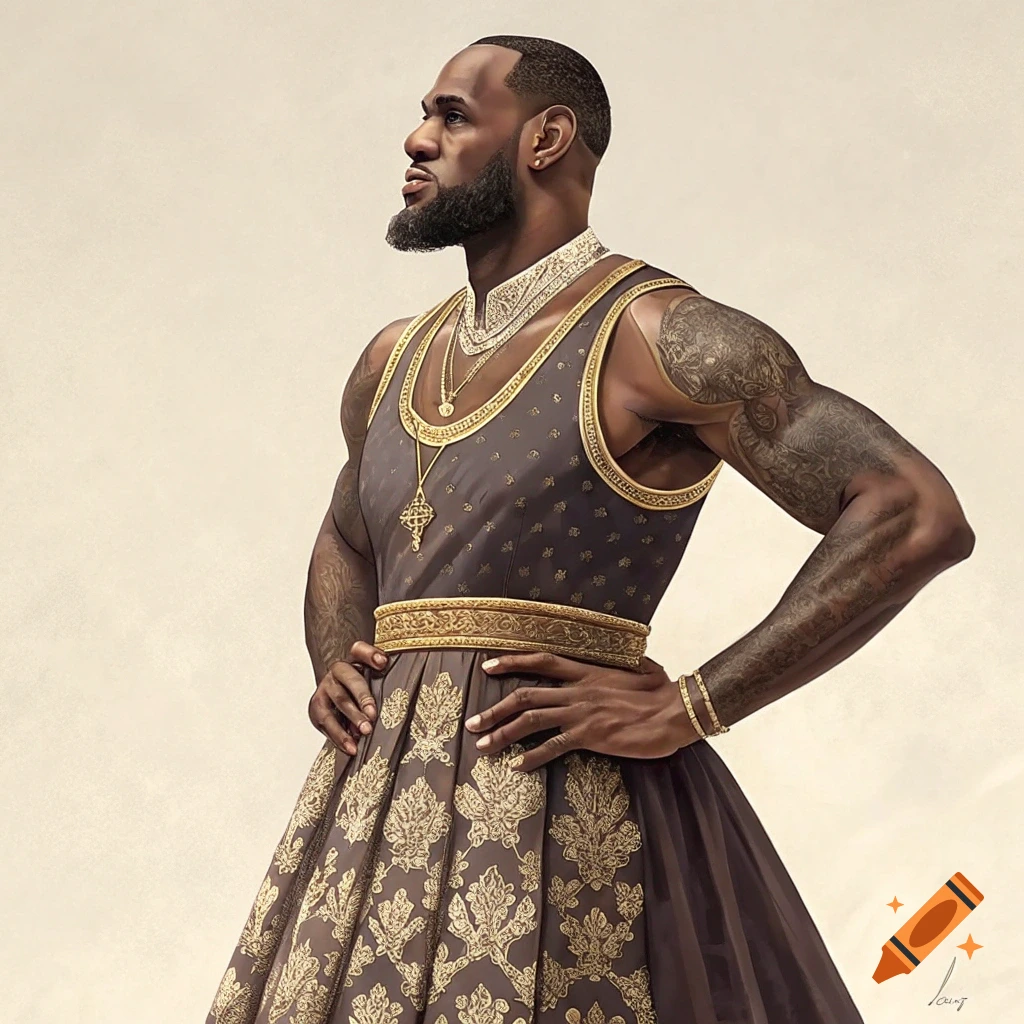 Portrait of LeBron James wearing an elaborate dress and jewelry on Craiyon