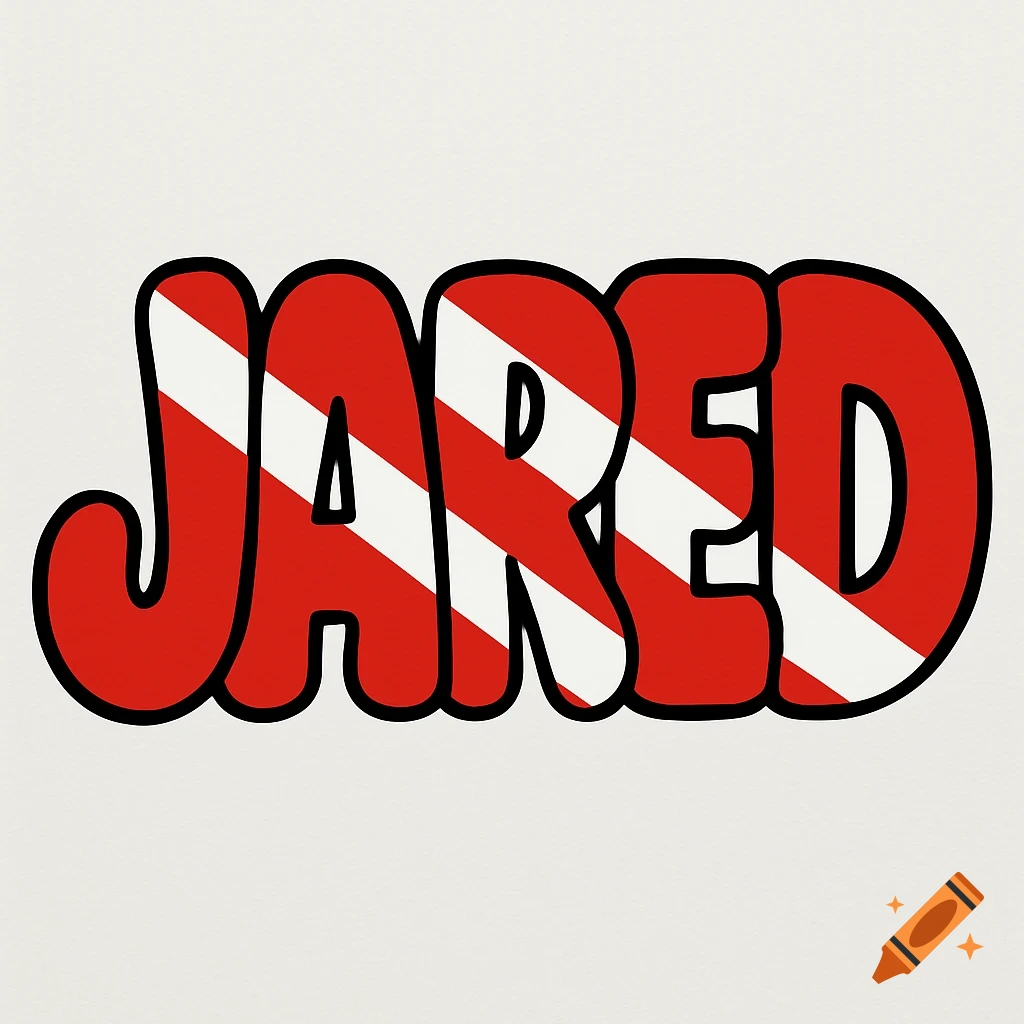 Bubble letters spelling JARED filled with a red and white scuba dive ...