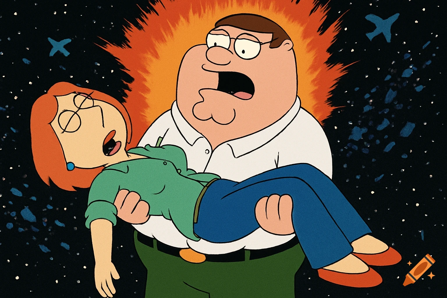 Peter Griffin carries Lois Griffin in space with an explosion in Family ...