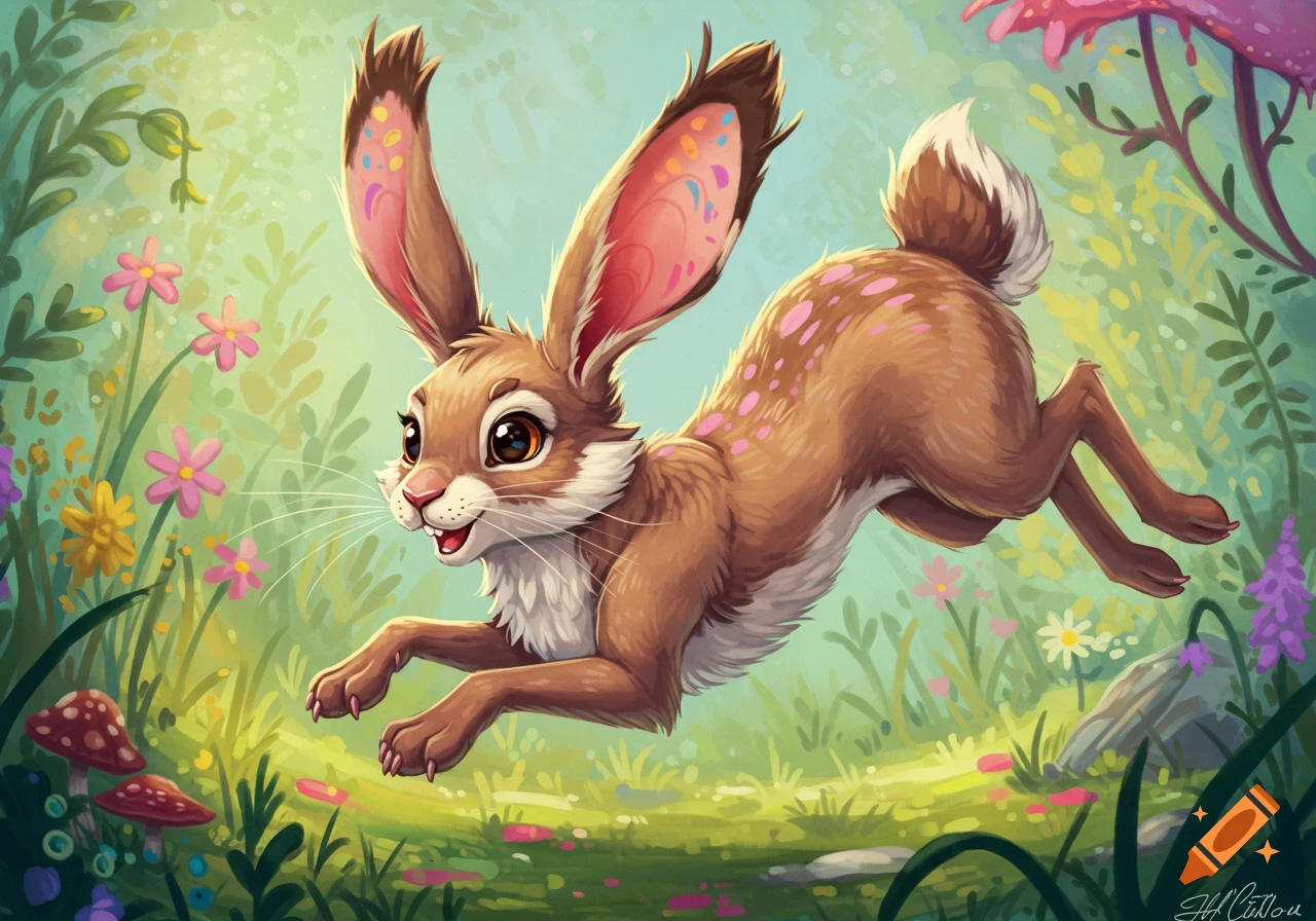 A whimsical cartoon rabbit with spotted ears jumps through a field of ...