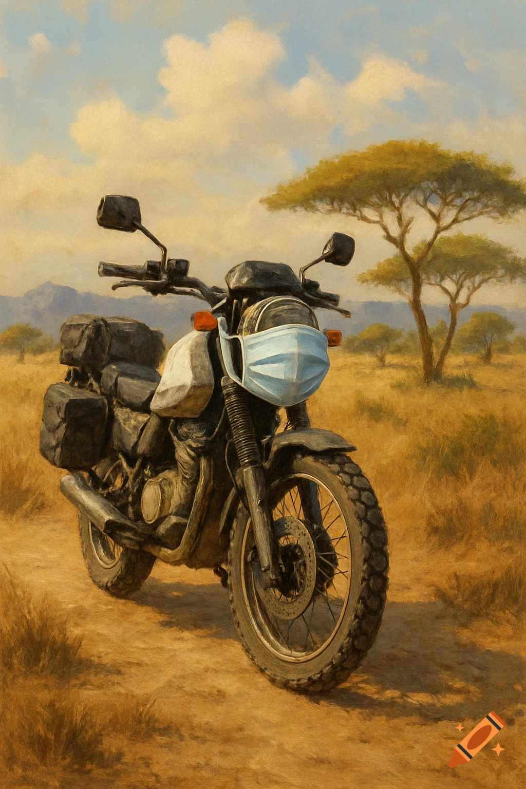 A painting of a motorcycle wearing a blue face mask in a savanna ...