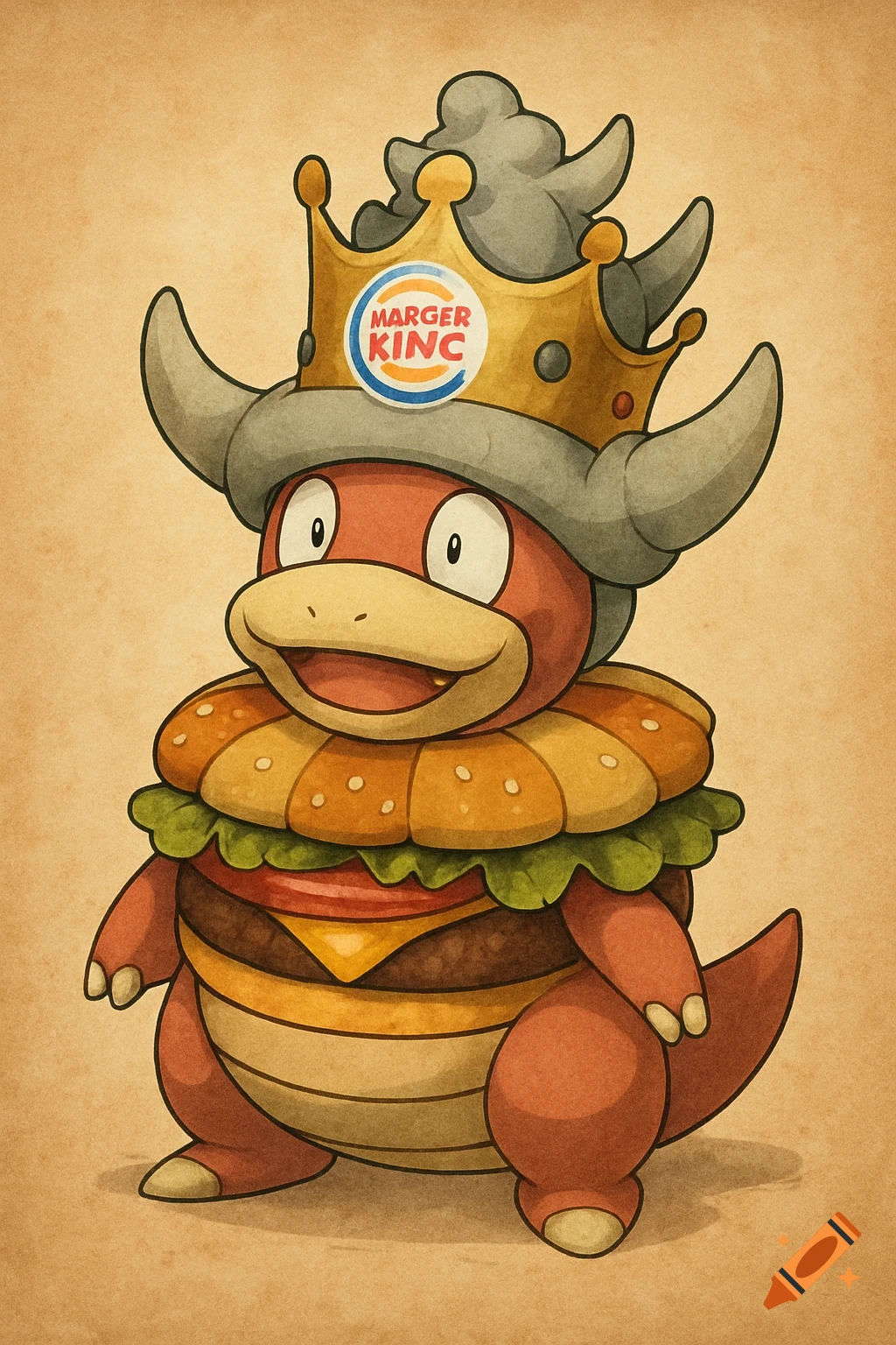 Cartoon drawing of Slowpoke dressed as a hamburger wearing a crown with ...