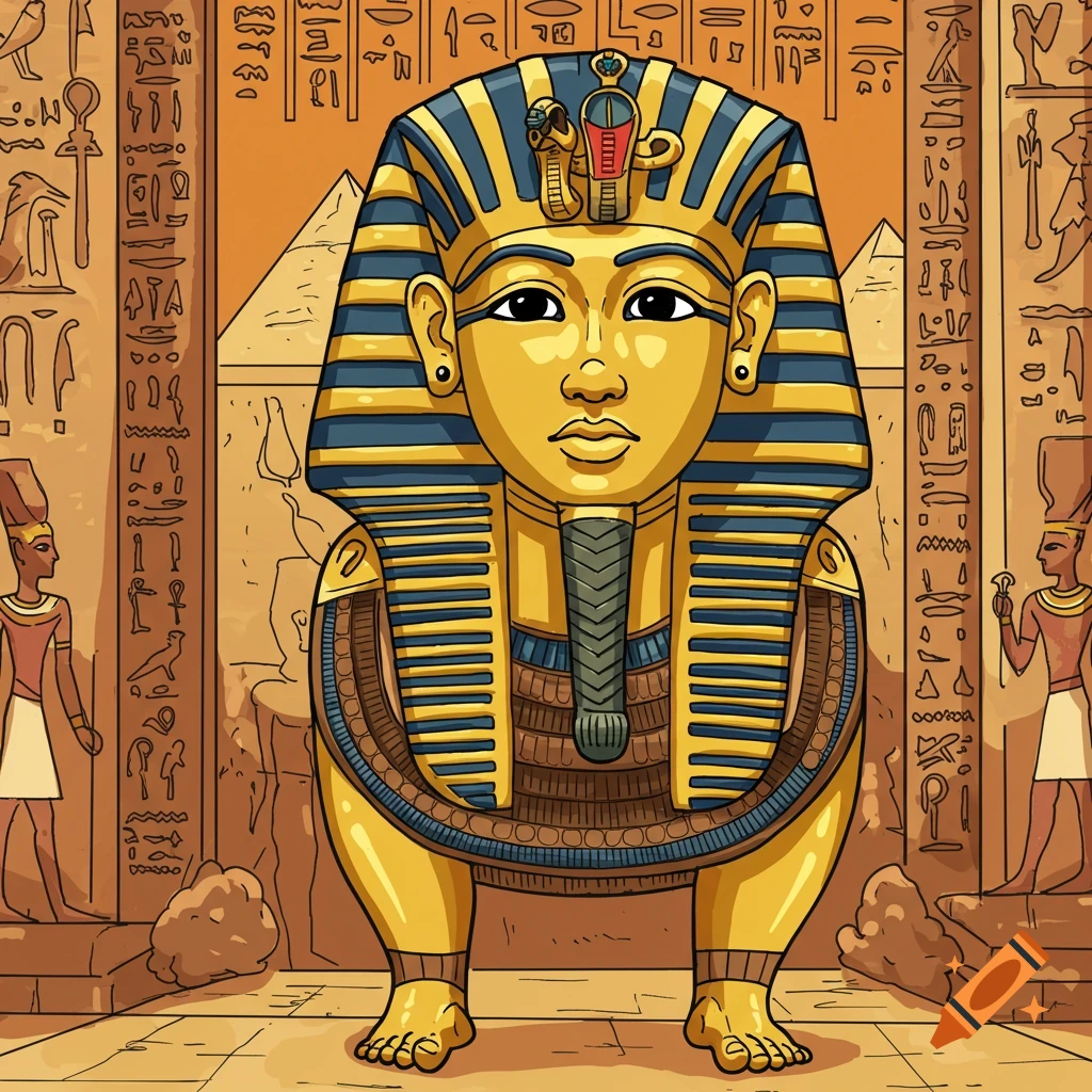 Cartoon of Tutankhamun's golden mask statue in an Egyptian temple with ...