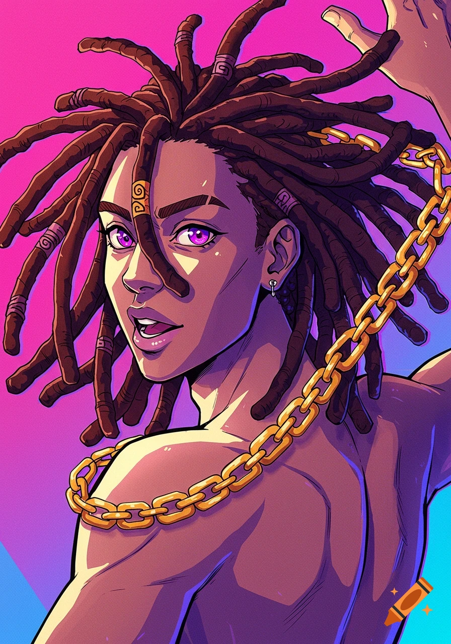 Anime illustration of a person with dreadlocks and a gold chain. on Craiyon