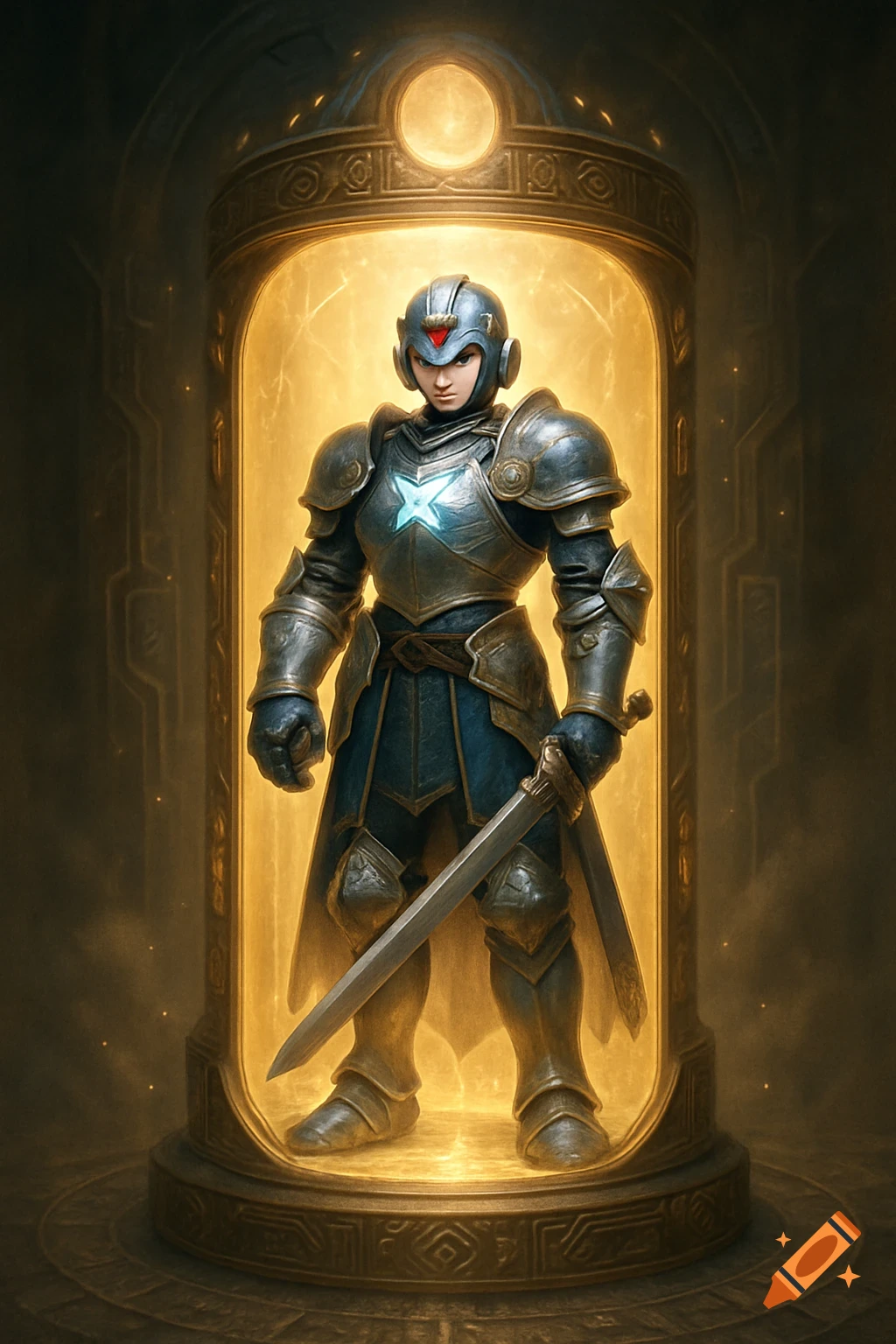 Mega Man X in medieval armor stands inside a glowing capsule. on Craiyon