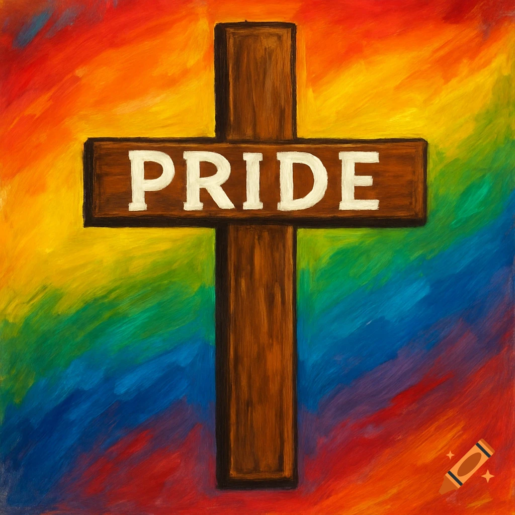 A wooden cross with the word 'PRIDE' written on it against a rainbow ...