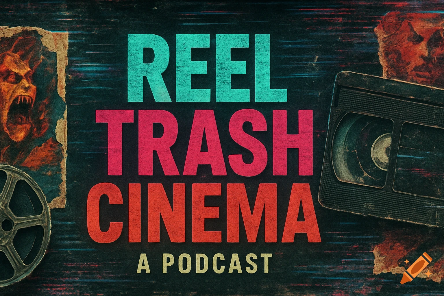 Retro horror banner for Reel Trash Cinema podcast with monster, VHS ...