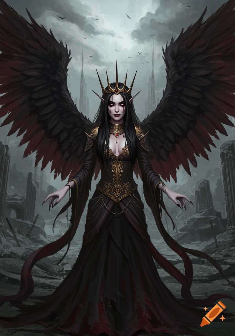 A dark fantasy art painting of a fallen angel queen with black wings ...