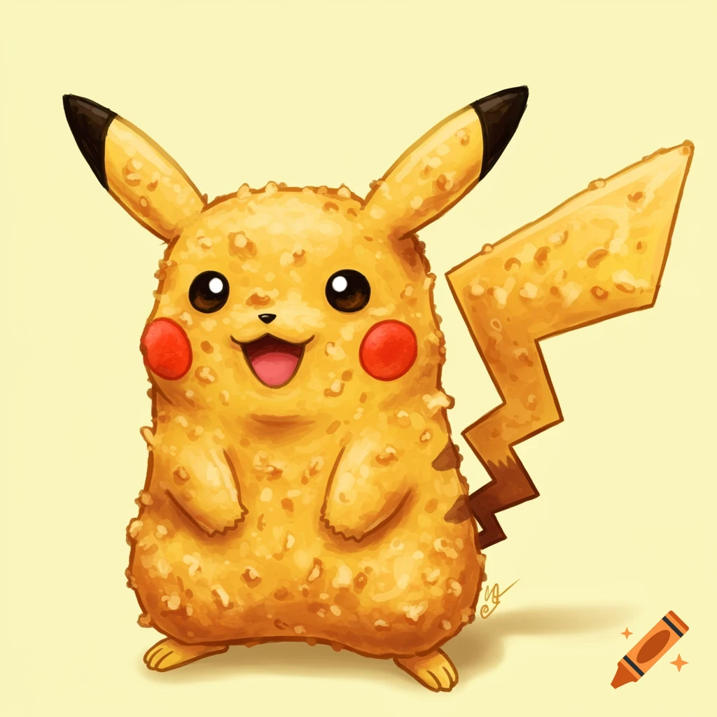 Cartoon illustration of Pikachu depicted as a chicken nugget. on Craiyon