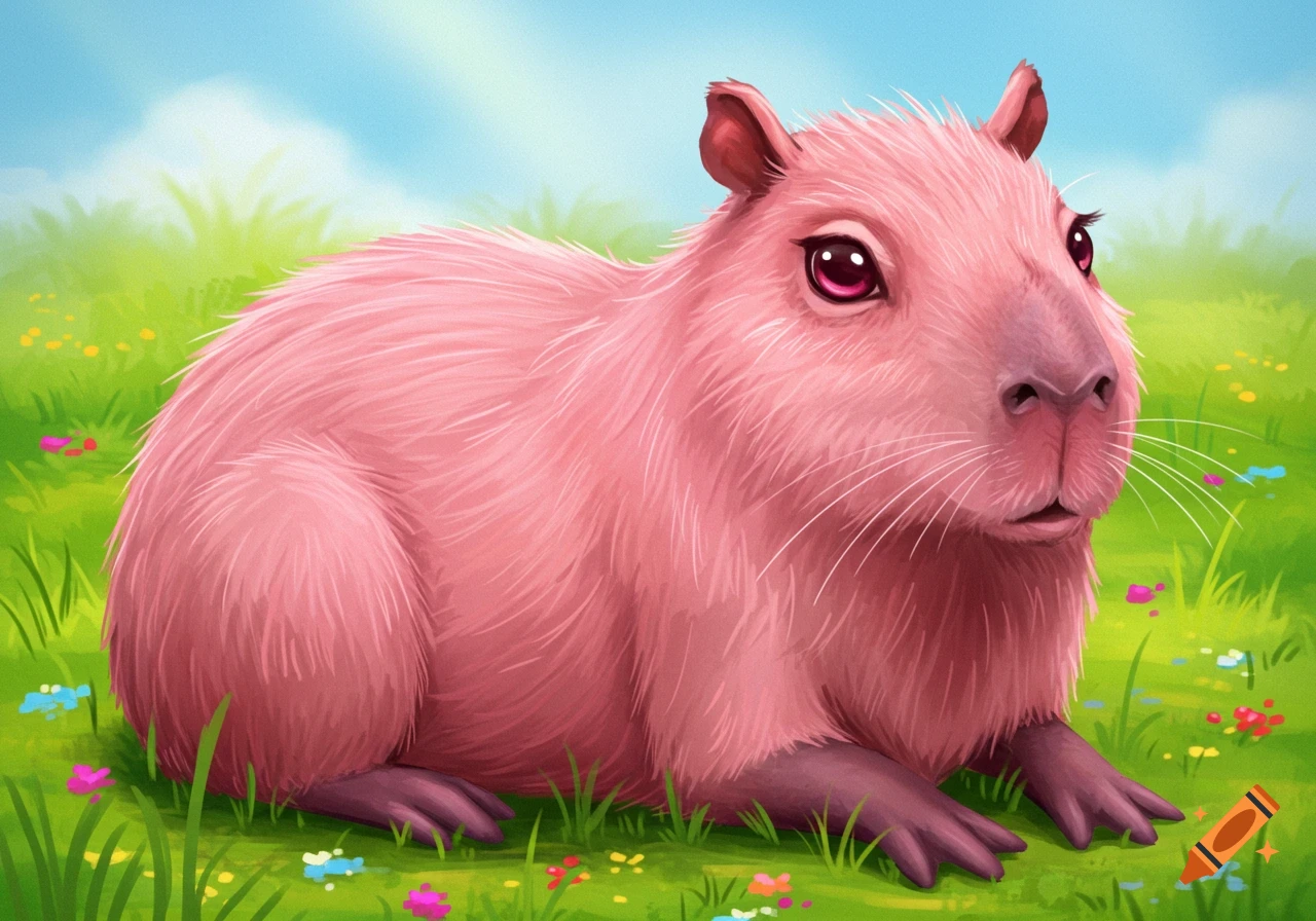 A pink capybara sits in a grassy field among colorful flowers. on Craiyon