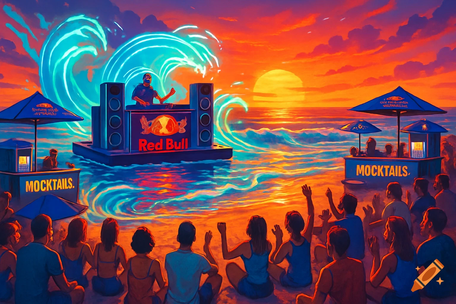 Surreal beach party at sunset with DJ on floating stage and crowd on ...