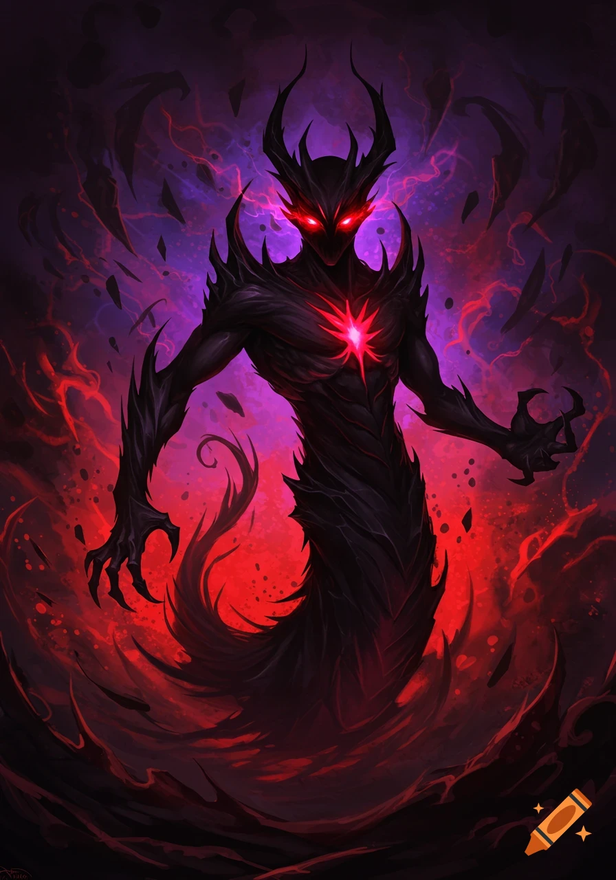 Dark fantasy illustration of a demonic creature with red eyes and a ...