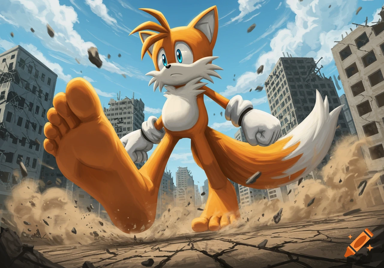 Giant cartoon fox Tails stomps through a destroyed city, kicking up ...