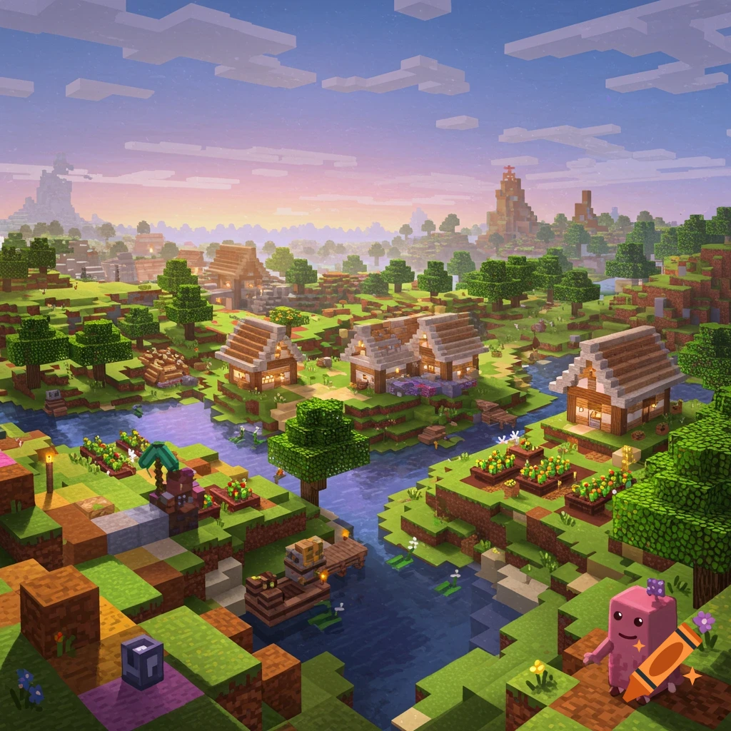 Blocky landscape scene resembling Minecraft with a village, river, and ...