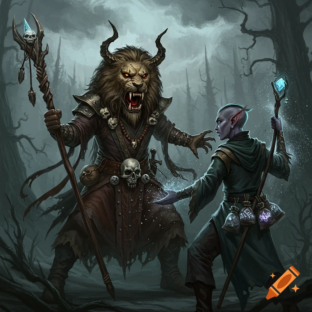 Lion-masked warlock and elf wizard face off in a dark forest, digital ...