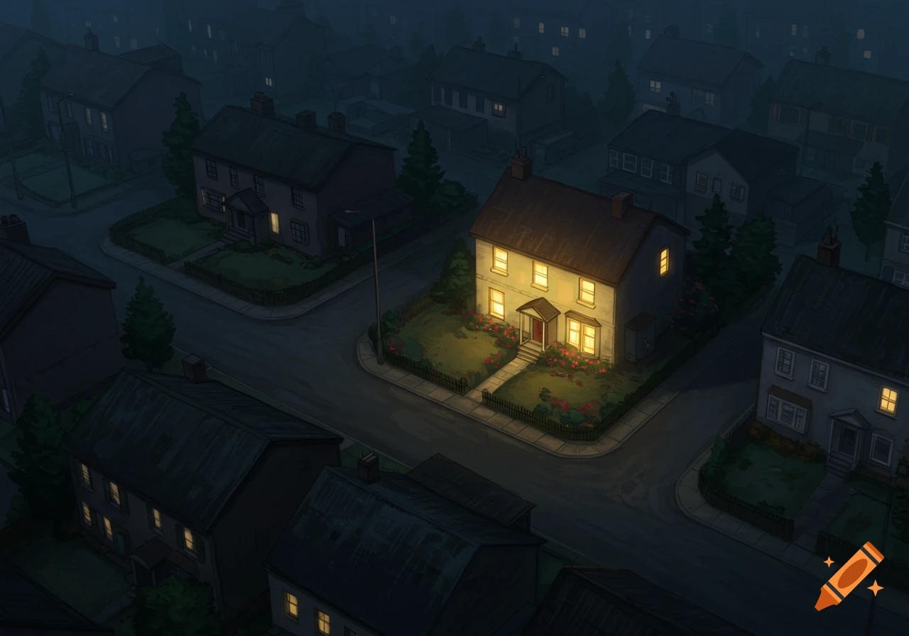 Bird's eye view illustration of a dark neighborhood at night with one ...