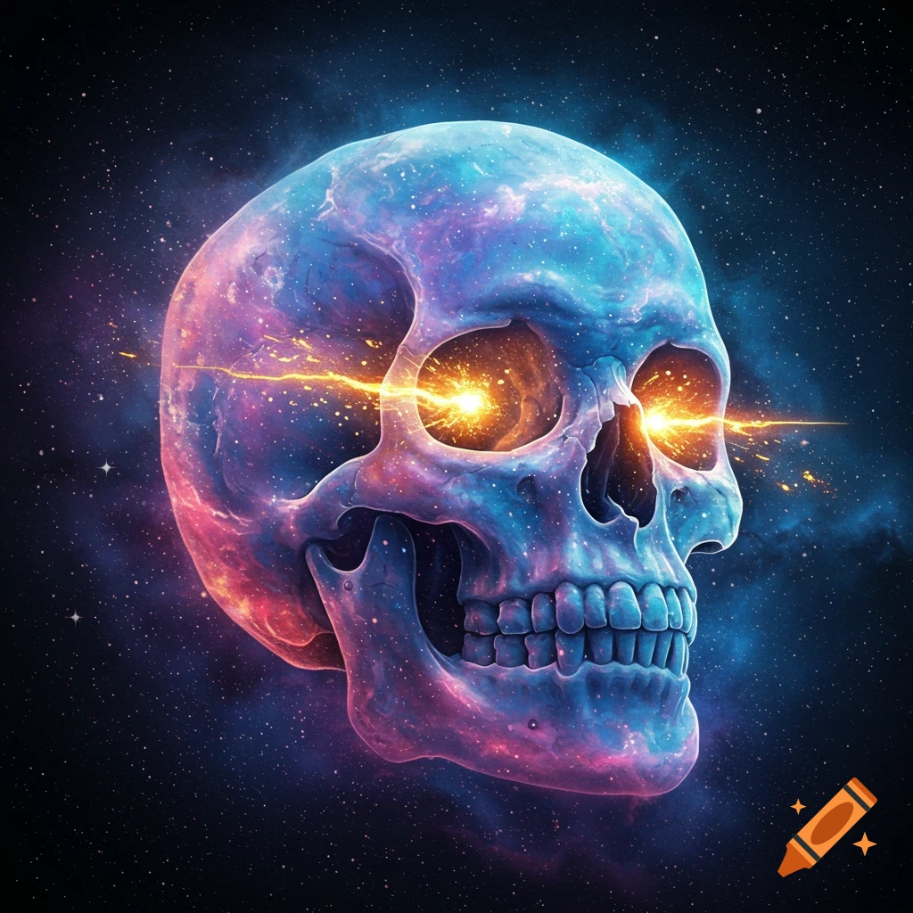 A cosmic skull with glowing eyes floats in space. on Craiyon