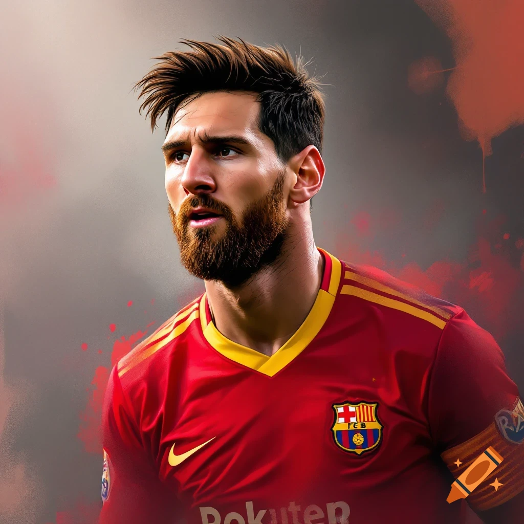 Stylized portrait of a man resembling Lionel Messi in a red soccer ...
