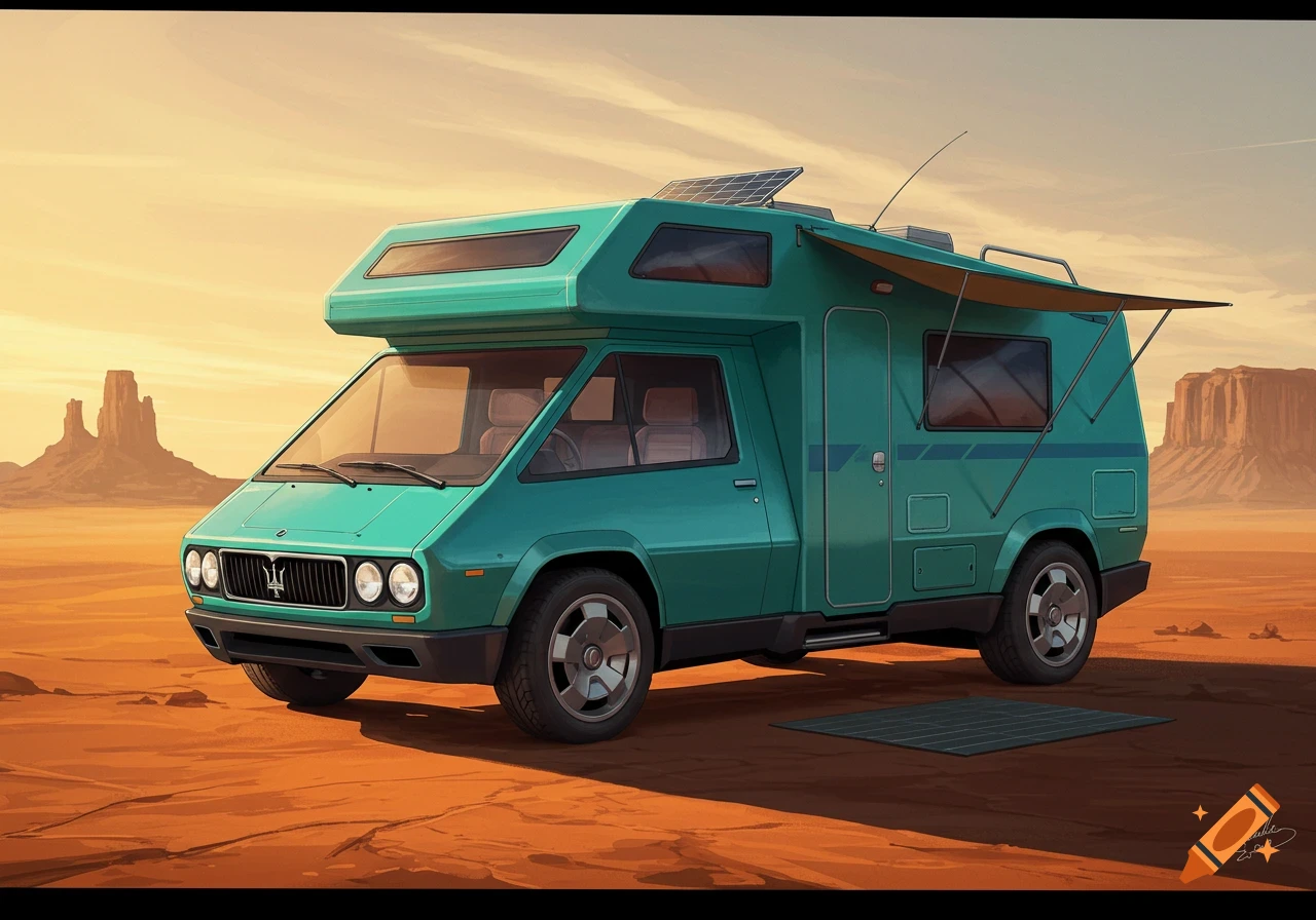 A retro futuristic teal Maserati camper van in a desert at sunset. on ...