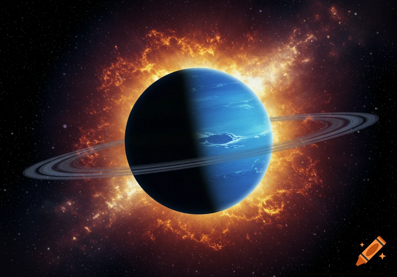 A blue planet with rings is set against a backdrop of an orange explosion and stars in space. on ...