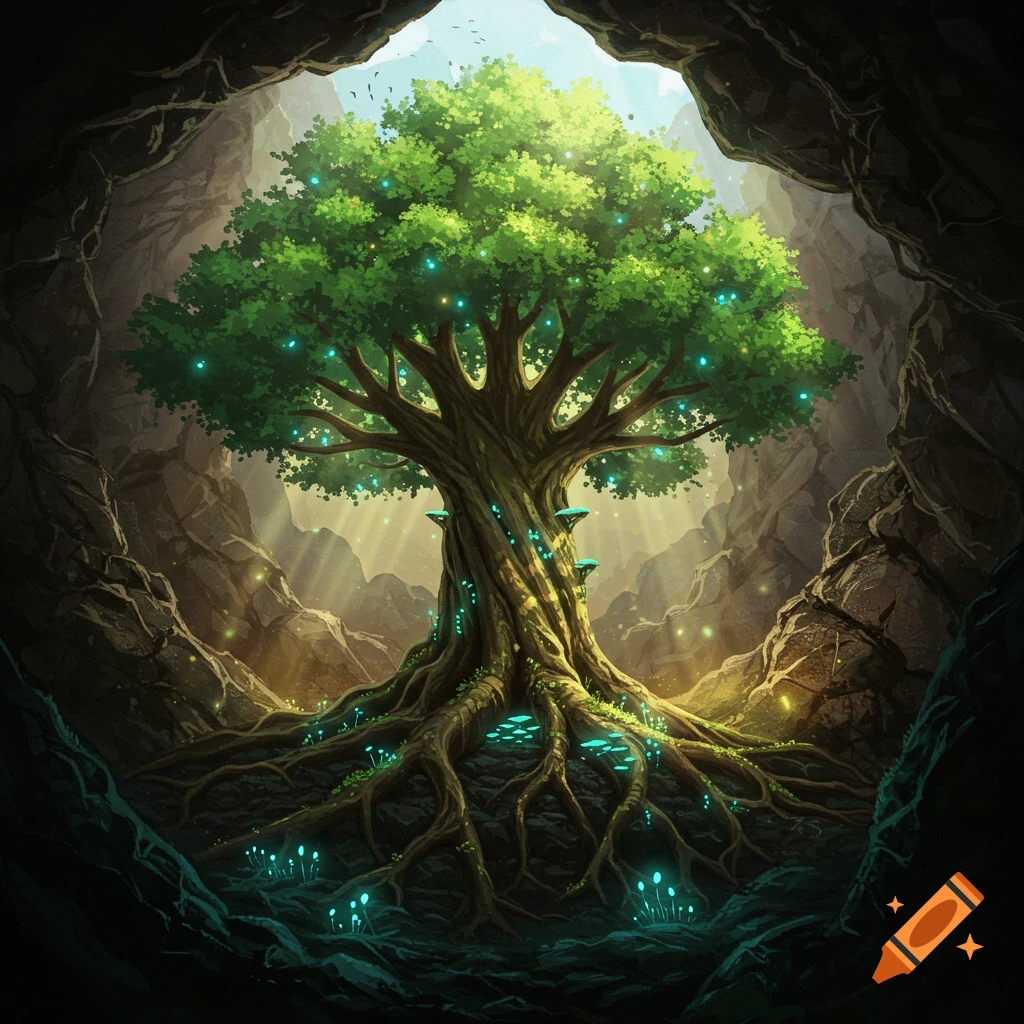 A large, luminous tree with glowing roots and leaves inside a dark cave ...