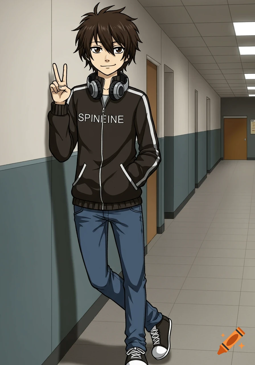 Anime-style guy with messy brown hair leans against a school hallway ...
