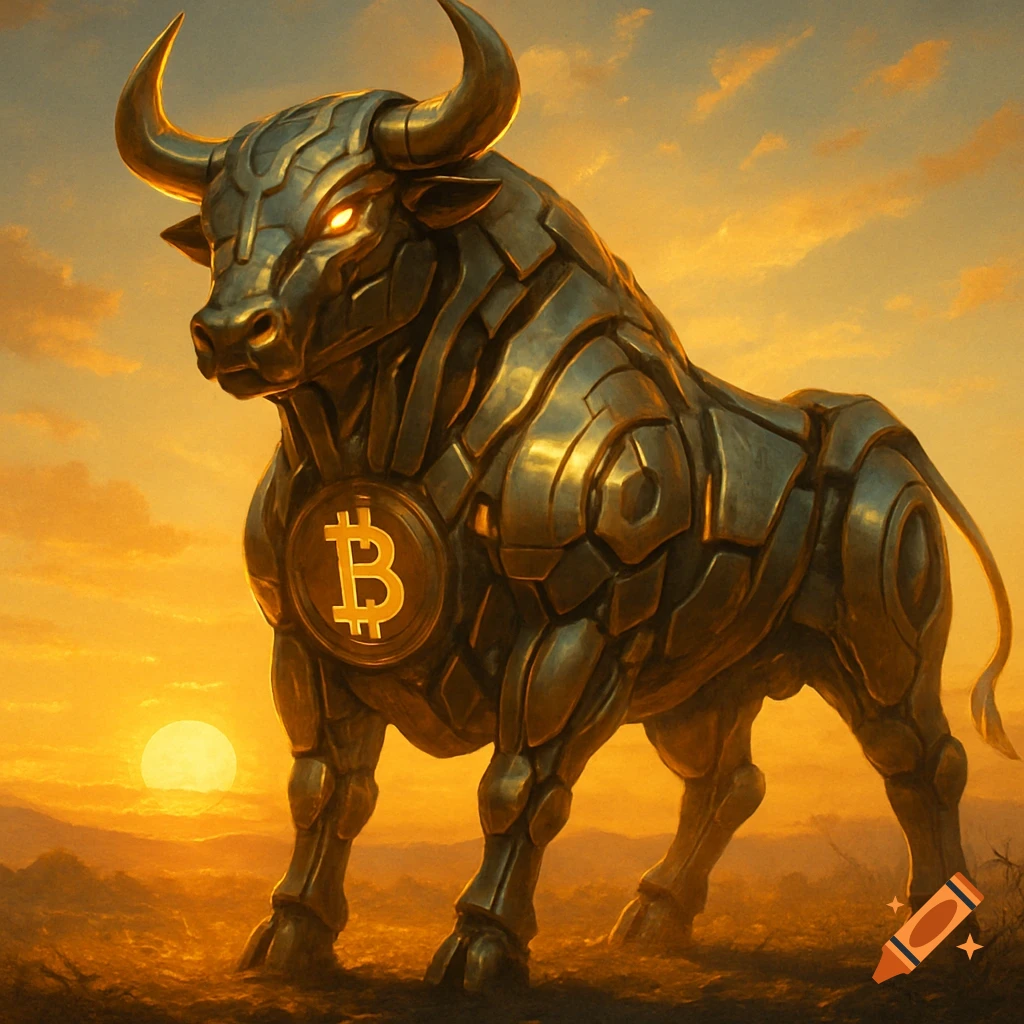 A large metallic bull with a Bitcoin symbol on its chest stands in a ...