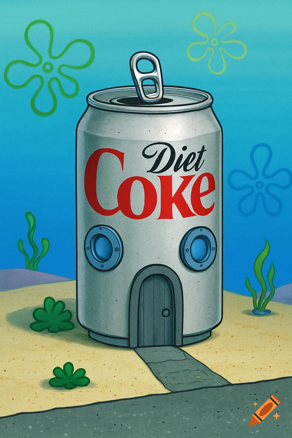 A Diet Coke can house in a Spongebob style underwater scene with sand ...