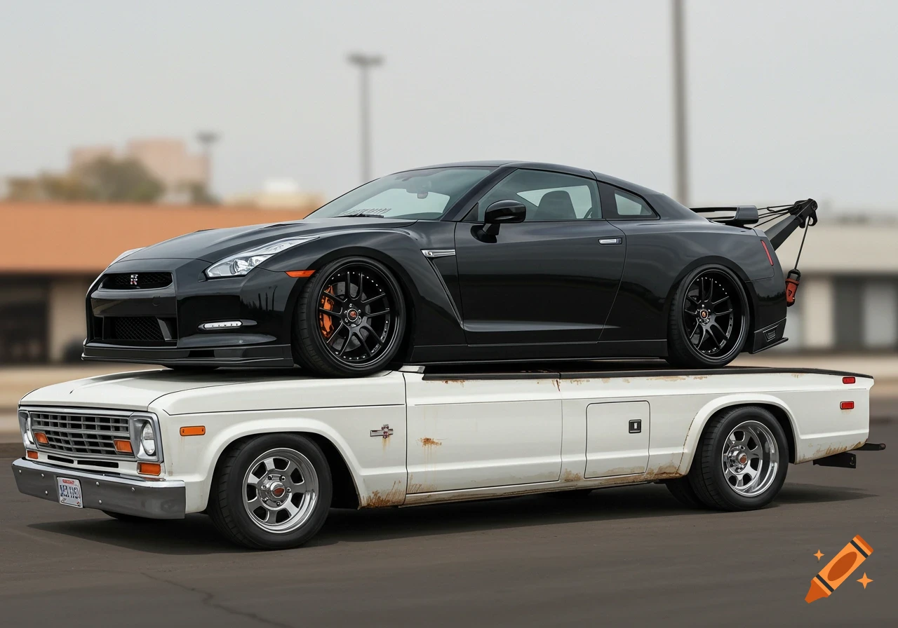 A black Nissan GTR sits on the flatbed of a white tow truck. on Craiyon
