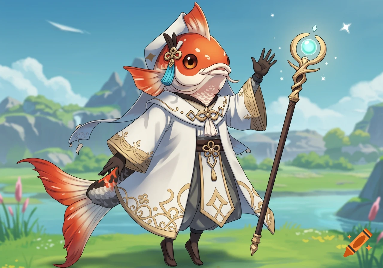 A fish person in white and gold robes waves a staff in a fantasy ...