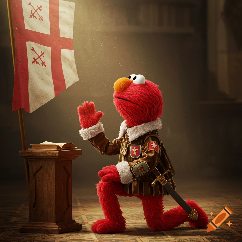 Elmo in medieval costume kneels before a flag and book on Craiyon